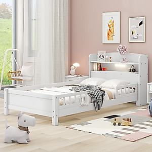 BestLM Wood Twin Size Platform Bed with Built-in LED Light, Storage Headboard and Safety Guardrail for Kids Teens Boys Girls, No Box Spring Needed, White