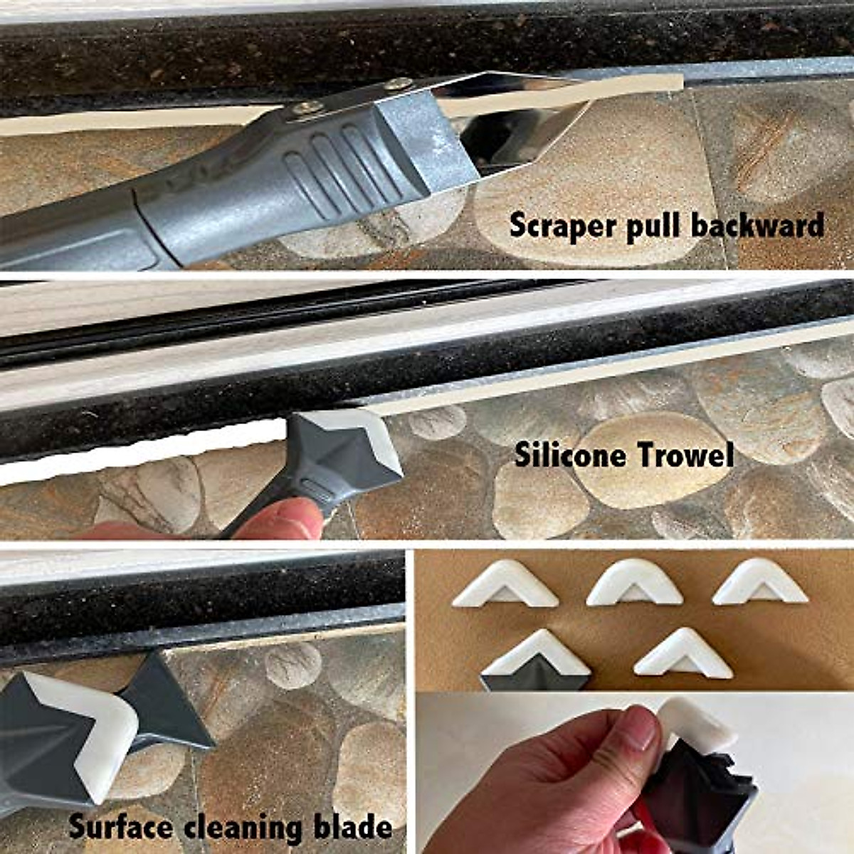 YOBZUO 3 in 1 Silicone Caulking Tools（stainless steelhead）, Sealant Finishing Tool Grout Scraper, Reuse and Replace 5 Silicone Pads, Great Tools for Kitchen Bathroom Window, Sink Joint