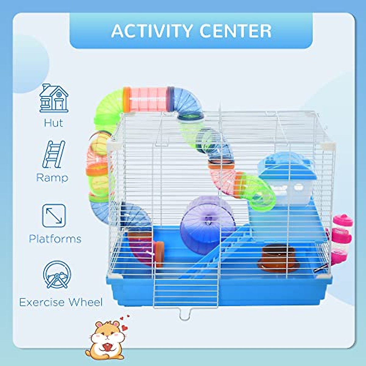 PawHut 2-Level Hamster Cage Rodent Gerbil House Mouse Mice Rat Habitat Metal Wire with Exercise Wheel, Play Tubes, Water Bottle, Food Dishes, & Interior Ladder