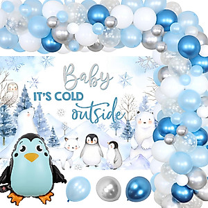 Arctic Animals Baby Shower - Blue Snowflake Balloon Garland Arch Kit with Baby It's Cold Outside Backdrop, Penguin Foil Balloons, Polar Bear Penguin Winter Baby Shower Decorations