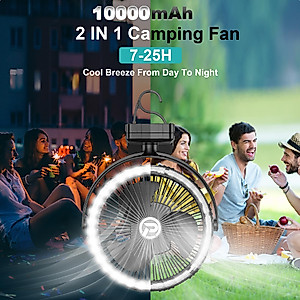 Battery Operated Fan, 10000mAh Camping Fan Battery Powered, 8'' Rechargeable Portable Desk Fan for Bedroom Office, Cordless Clip on Fan with Hook, Light for Golf Cart Outdoor Camping Tent RV Car Bed