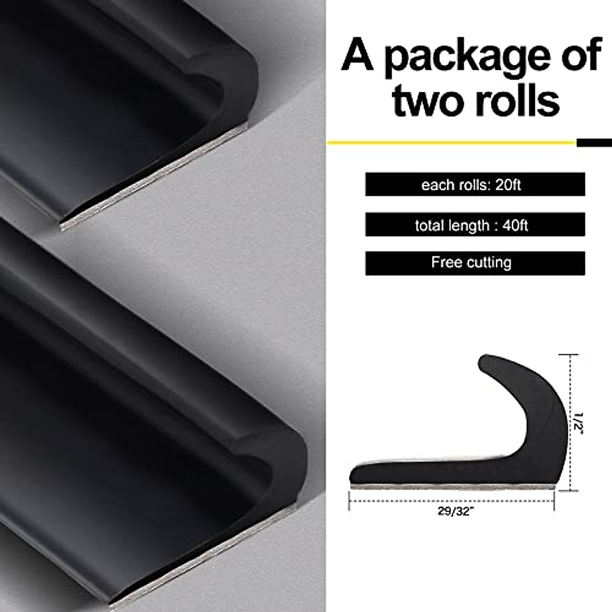RV Rain Gutter 1/2 Inch Height Plastic Drip Rail PVC Rain Strip Roof Rain Diverter, Adhesive Backing, Flexible J Shape RV Trim Molding for Car Van Door Motorhome (Black, 40 Ft)