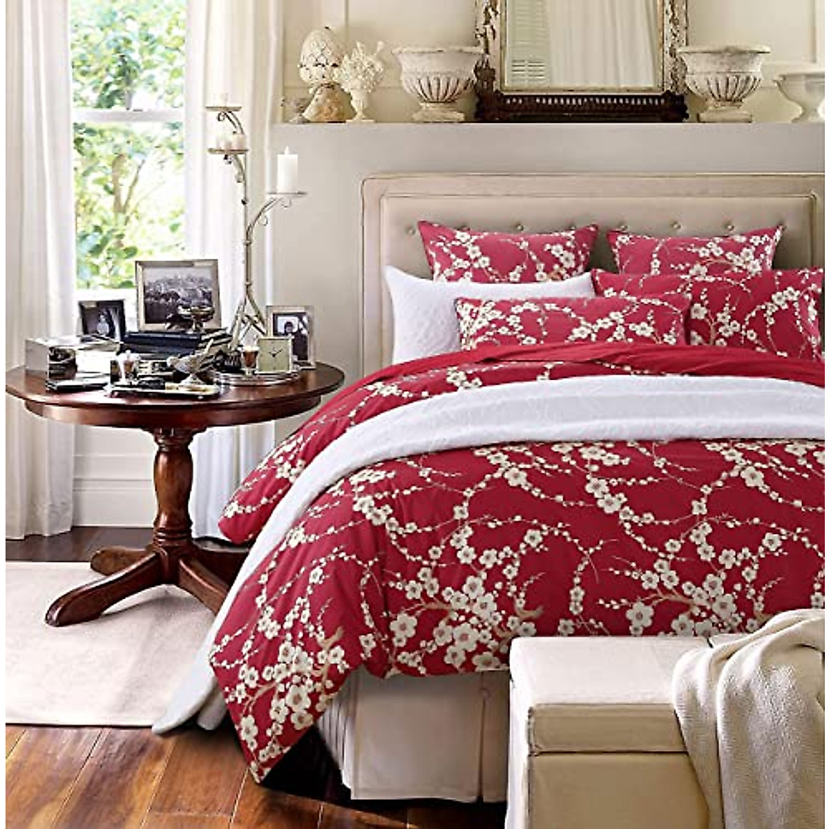 Brandream King Size Duvet Cover Set Japanese Oriental Style Cherry Floral Red Blossom Flower Branches Print Chinoiserie Bedding Pillowcases Set 800TC Egyptian Cotton Sateen Botanical Tree 3 Piece