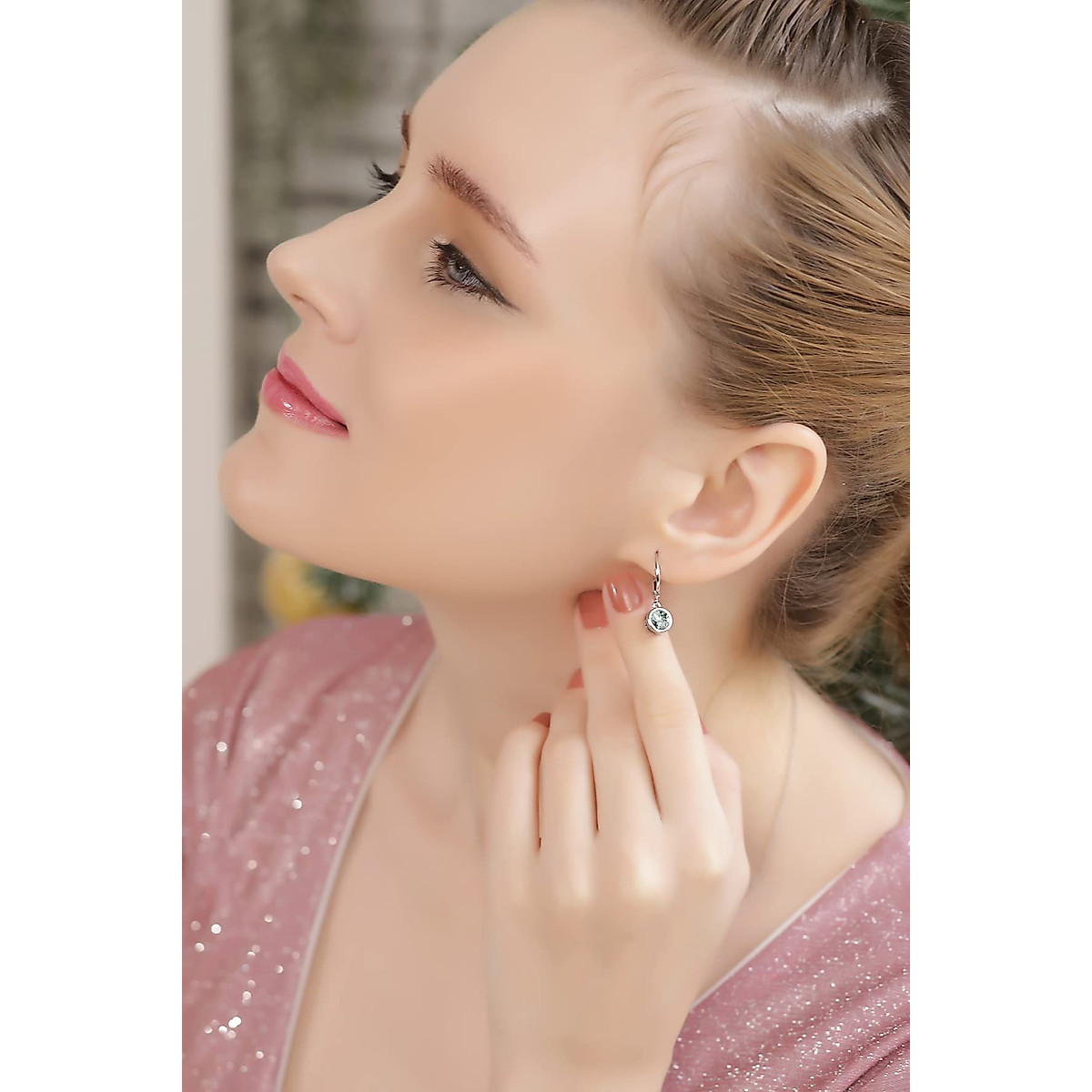 Light Aquamarine Earrings for Women 6mm Bezel Round Light Blue Gemstone Sterling Silver Dainty Leverback Dangle Earring Fashion Bridesmaids Summer Trendy