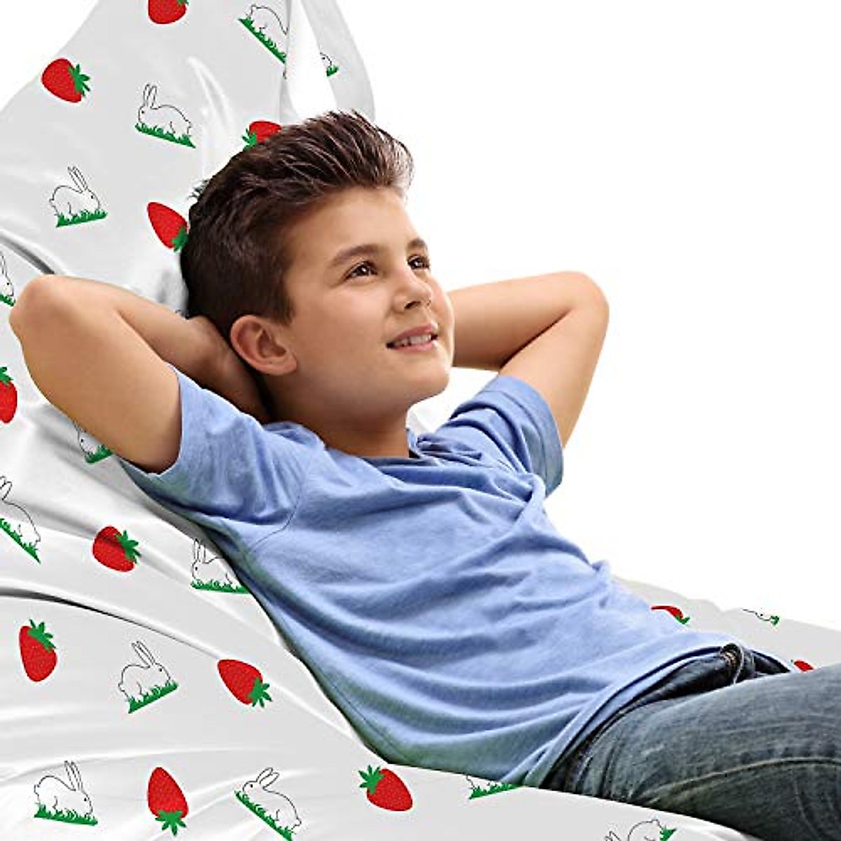 Lunarable Easter Lounger Chair Bag, Bunny on Grass and Strawberries Pattern Rabbit Illustration, High Capacity Storage with Handle Container, Lounger Size, Green Red White