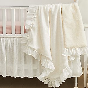 Brandream Baby Girls Nursery Bedding Beige White Blush Solid Color Crib Set Farmhouse Jacquard Rose Baby Blanket, Pink Fitted Sheet,Rose Bed Skirt & Chic Heart Pillow, 4 Pieces