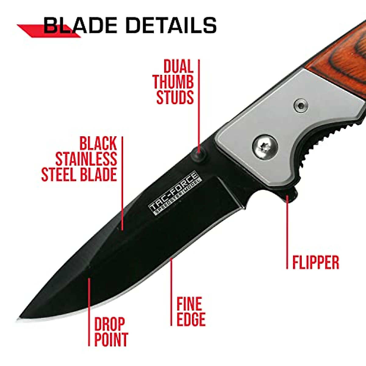 TAC FORCE Spring Assisted Folding Pocket Knife – Black Stainless Steel Drop Point Blade, Brown Wood Handle with Stainless Steel Bolster, Pocket Clip, Tactical, EDC, Rescue - TF-469