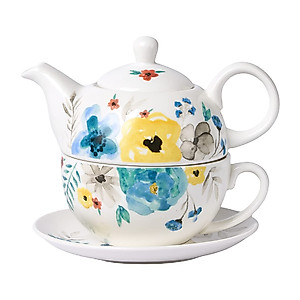 CHILDIKE Tea for One Porcelain Teapot and Cup Set, Tea Set for One, Hand Painted Watercolor Floral Teapot, Tea Set Gift for Women, Blooming Flowers