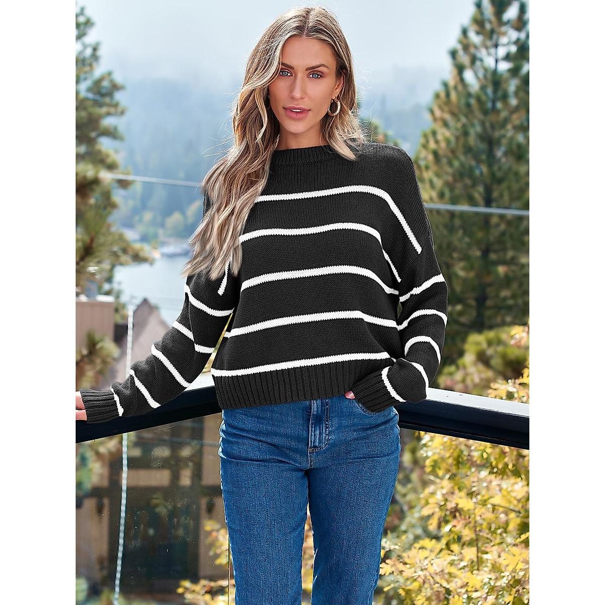 LILLUSORY Womens Cropped Striped Sweater 2025 Trendy Casual Pullover Ribbed Knit Cute Crewneck Lightweight Cotton Cozy Checkred Sweaters Black M