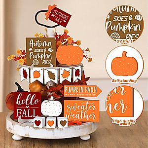 Sumind 15 Pcs Fall Tiered Tray Decor Set Hello Fall Decor Autumn Wood Signs Thanksgiving Orange Brown Table Signs Farmhouse Wooden Maple Pumpkin Gnomes Tabletop for Festival Home Decor(Autumn)