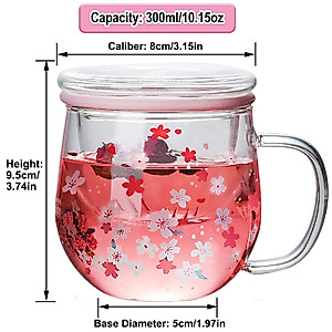 SZHTSWU Cherry Blossom Glass Cup and Coaster, Glass Teacup with Infuser and Lid, 300ml Clear Pink Flower Tea Infuser Mug Heat Resistance Borosilicate Glass Drinking Cup, Ideal for Tea Lovers