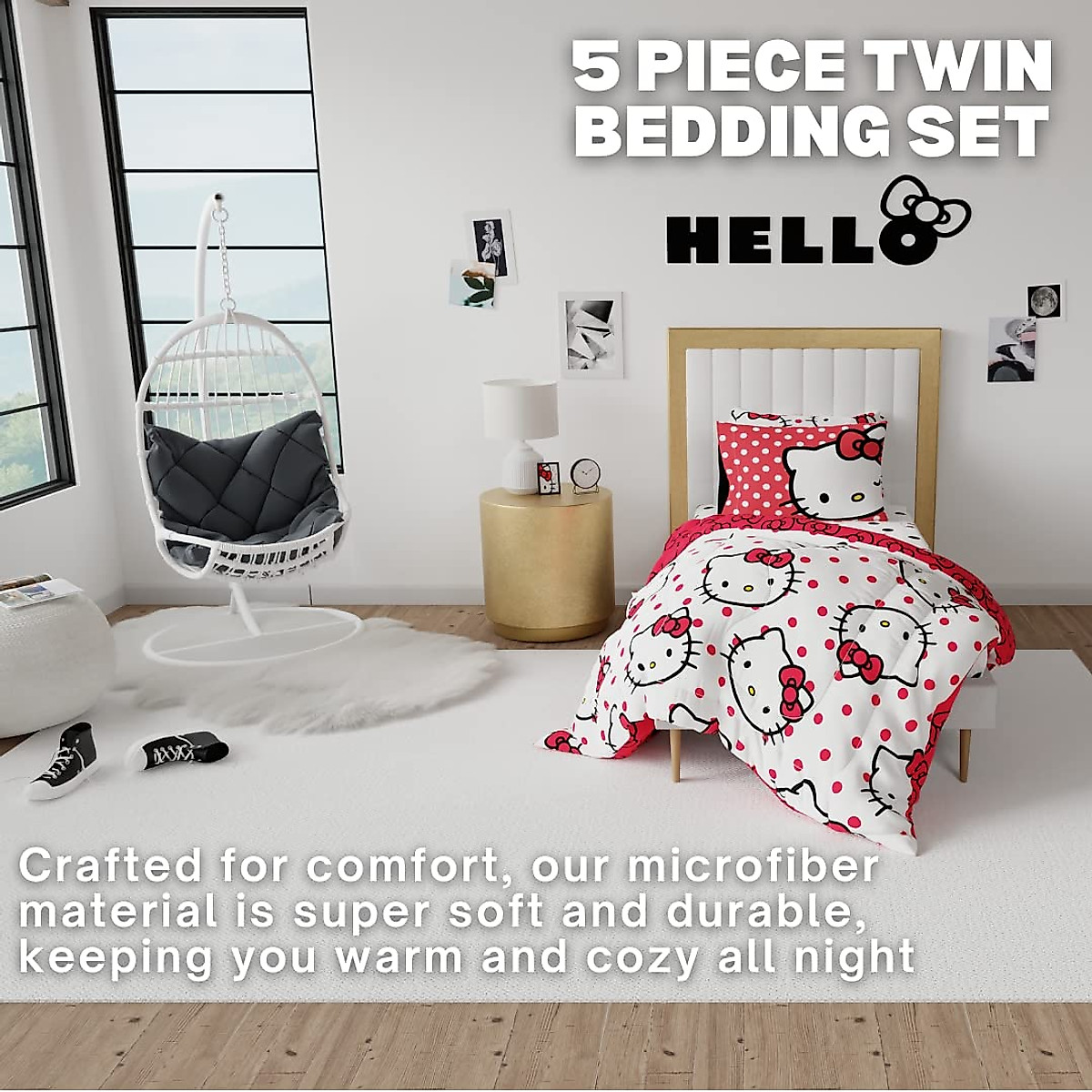 Franco Sanrio Hello Kitty Polka Dot Bedding 5 Piece Super Soft Comforter and Sheet Set with Sham, Twin, (100% Official Licensed Product) Collectibles