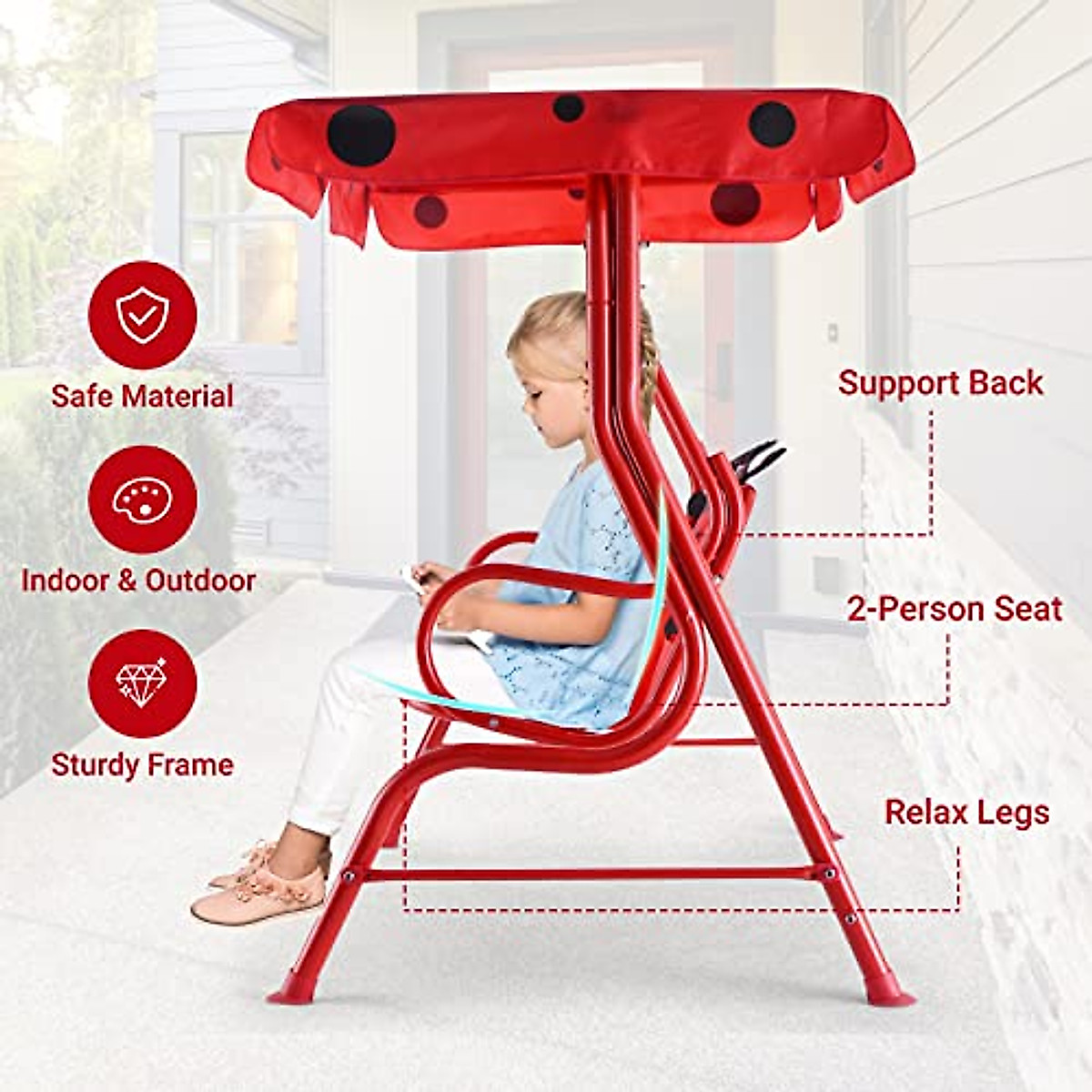 Costzon Patio Swing,All-Weather Porch Swing w/Safety Belt, 2 Seats Outdoor Lounge Chair Hammock w/Removable Canopy, Outdoor Swing Bench for Backyard Lawn Garden (Ladybug Pattern,Red)