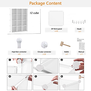AWTATOS Cube Storage Organizer Modular Storage 12 Cube Bookshelf DIY Plastic Closet Clothes Storage Shelves with Wooden Mallet, Stackable Storage Solution for Home, Office, Bedroom, White