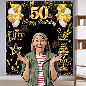 50th Birthday Decorations Banner, Large 50th Birthday Backdrop for Photo Booth Props, Black and Gold Fifty Birthday Decorations 50th Birthday Photo Backdrop for Men Women Outdoor Indoor