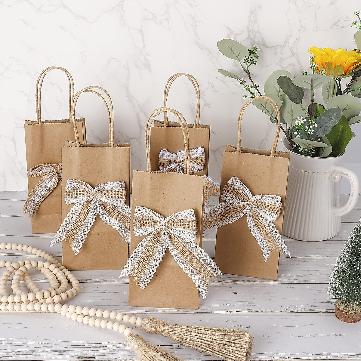 TOMNK 75pcs Small Kraft Paper Bags with Handles 6.9x3.5x2.4 Inches Mini Brown Gift Bags for Wedding, Birthday Party, Baby Shower