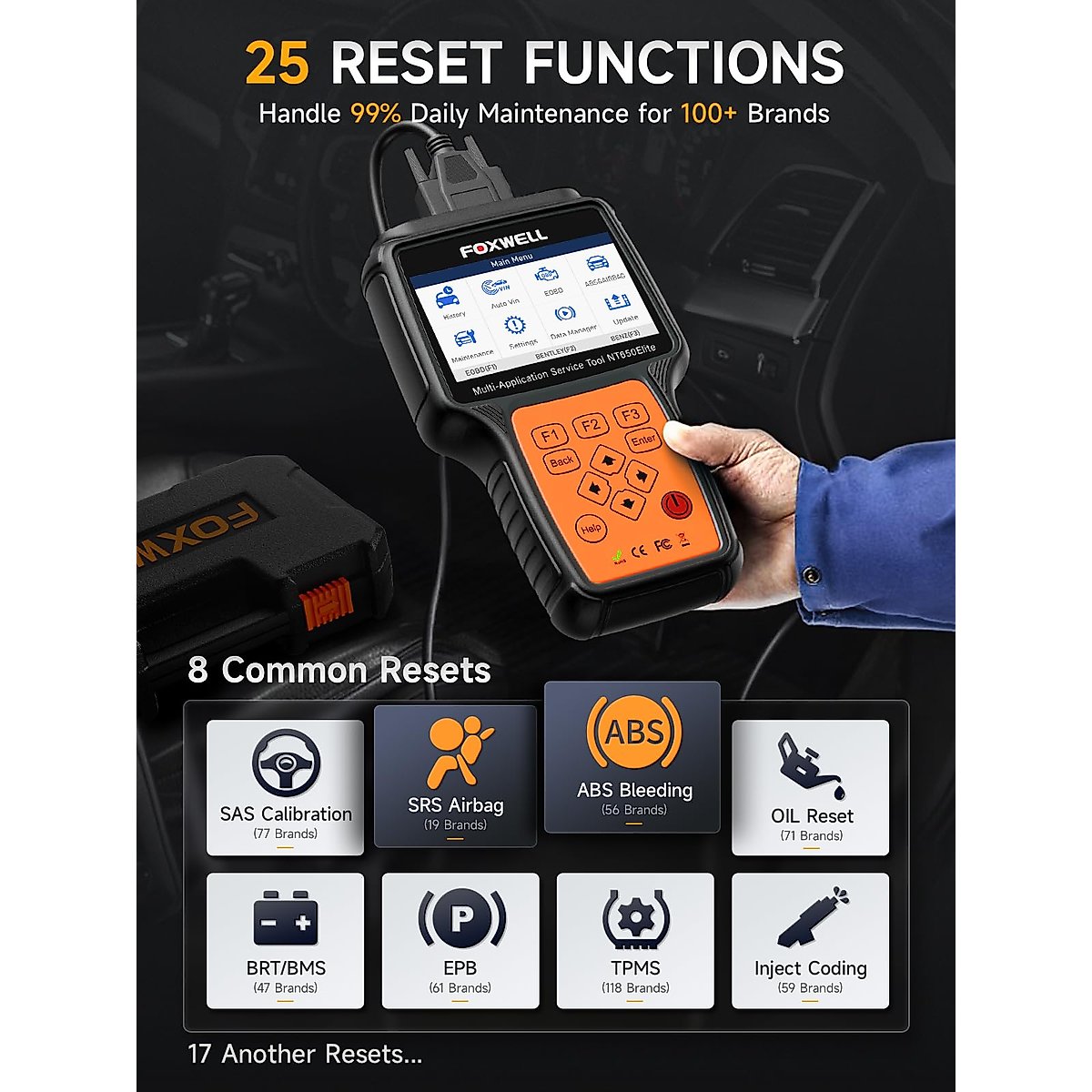 FOXWELL NT650 Elite OBD2 Scanner, 25 Resets, ABS SRS Scan Tool, ABS Bleeding SRS Airbag Bidirectional Code Reader, Oil SAS BRT EPB TPS Injector Car Diagnostic Tool, NT630 Plus Upgrade