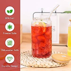 Joyclub Glass Cups with Bamboo Lids and Straws 8 Set 16 oz Reusable Iced Coffee Cup Beer Can Drinking Jars for Smoothie Whiskey Boba Soda Tea Gift