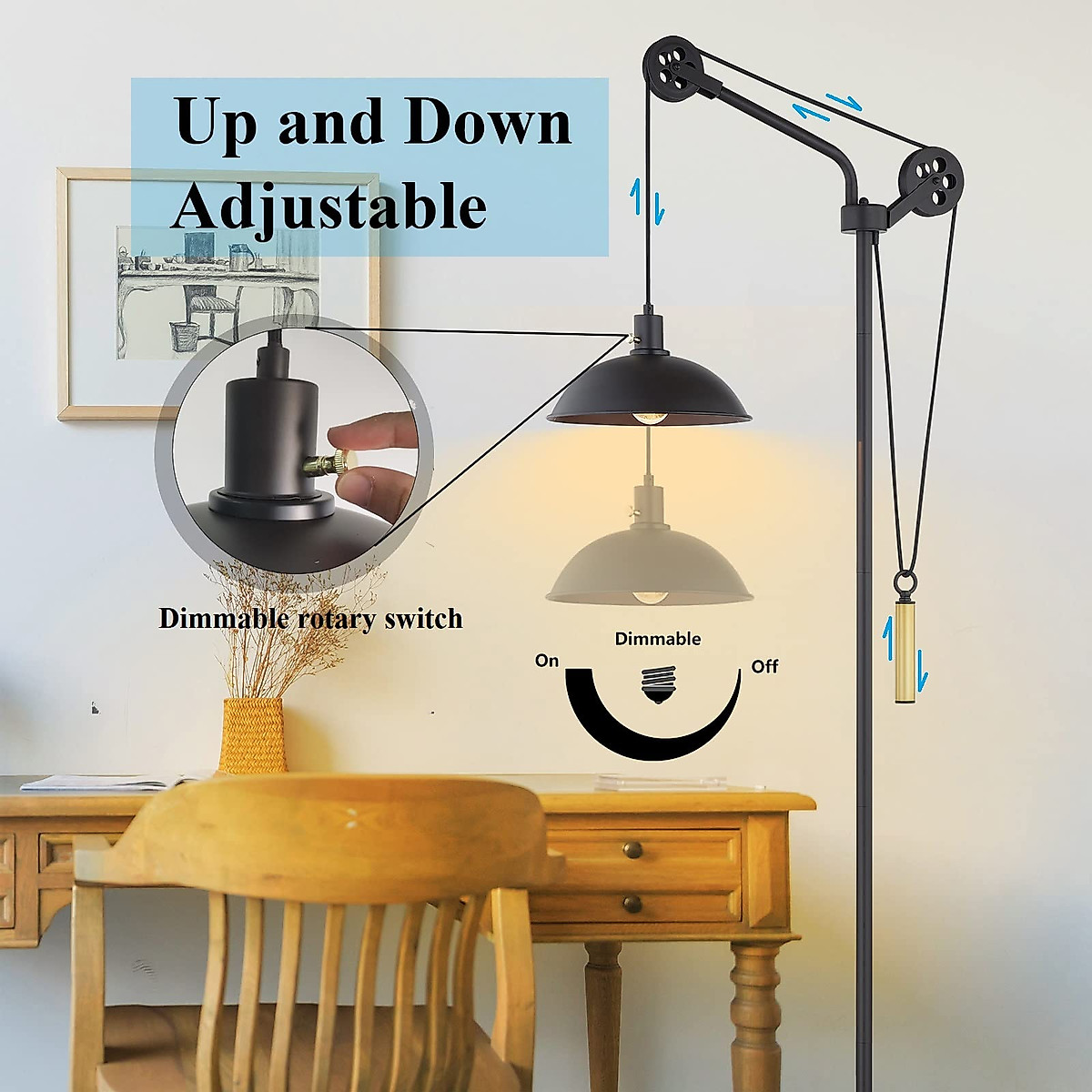 LeeZM Dimmable Industrial Floor Lamp for Living Room,Rustic Farmhouse Floor Lamps with Pulley System, Modern Reading Pole Task Lamp, Vintage Arched Tall Standing Lamp for Bedroom Office, Deep Bronze