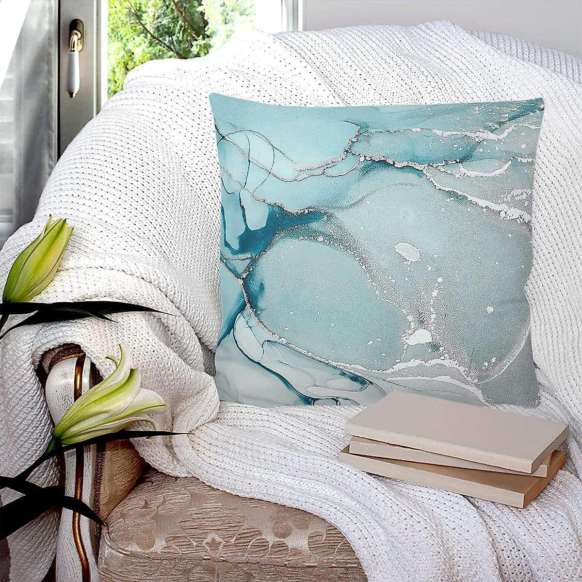 Roses Garden Decorative Throw Pillow Cover Blue Aqua Turquoise Teal Marble Textured Pillow Case Square Cushion Cover Super Soft Brushed Fabric Pillowcase for Home Couch Sofa Bed, 16" x 16"