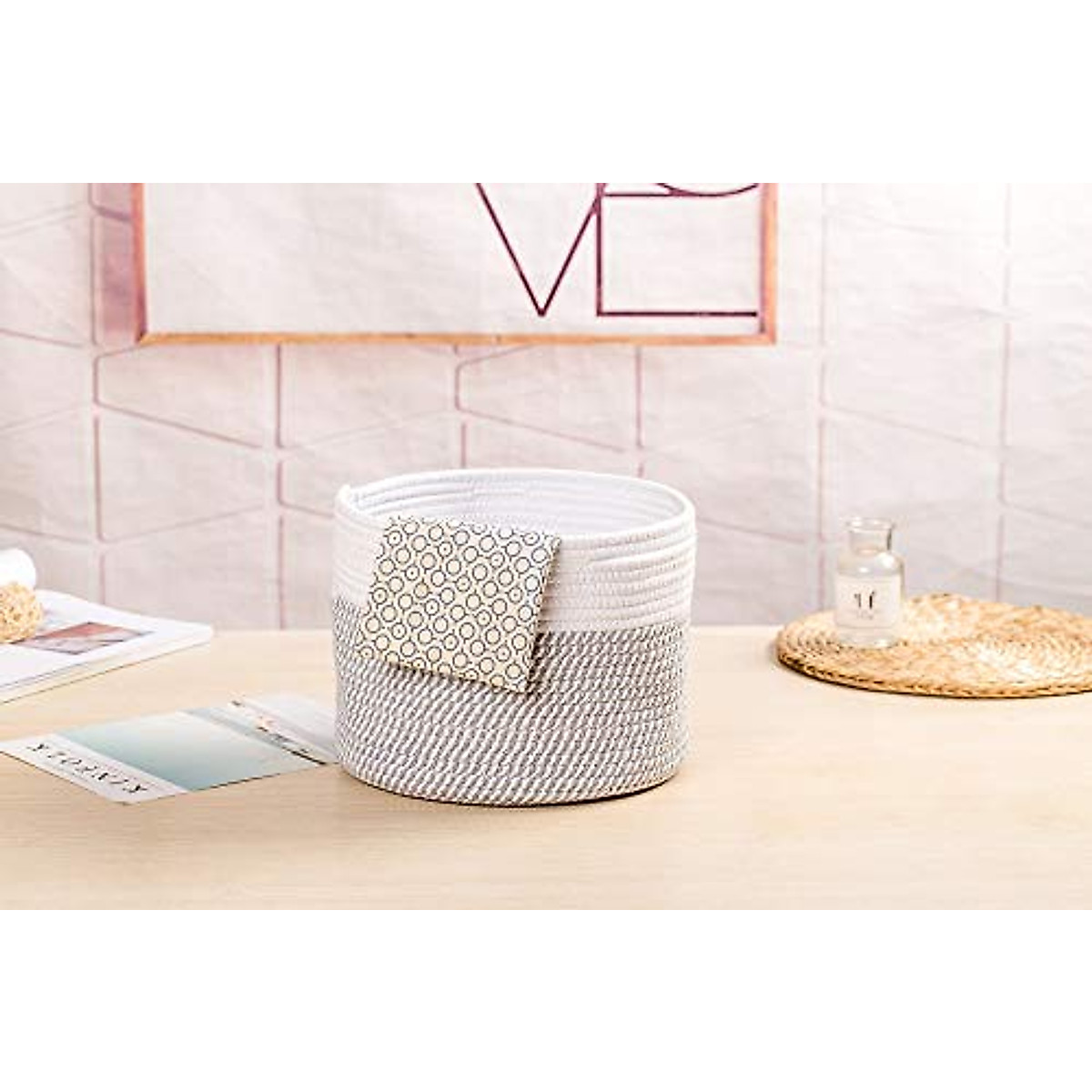 S Size Grey Cotton Rope Basket with Lid Mini Woven Basket Cute Toy Storage Basket Towel Storage Little Organizer Woven Basket Living Room Nursery Storage Basket Small Grey Woven Basket for Storage
