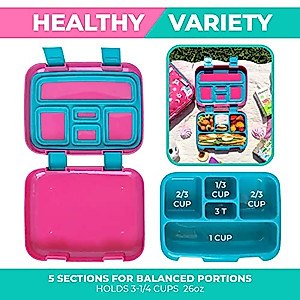 Unicorn Bento Lunch Box for Girls Toddlers, 5 Portion Control Sections, BPA Free Removable Plastic Tray, Pre-School Kid Toddler Girl Daycare Lunches, Snack Container Ages 3 to 7 Pink