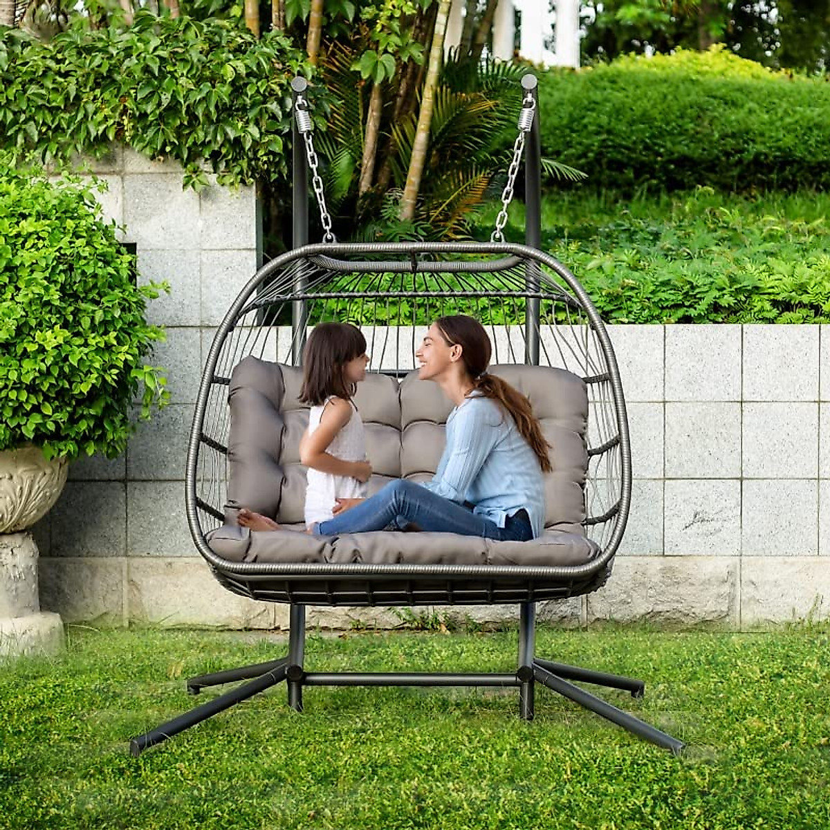 WYKDD 2-Person Hanging Swing Chair with Stand, Hanging Egg Chair, Wicker Rattan Hanging Chair with Cushion for Indoor Outdoor Garden
