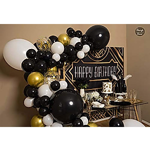100pc EASY DIY – Black White Gold Balloon Garland Kit & Arch – Small and Large Black White and Gold Balloons with Confetti – Black and Gold Party Decorations for Graduations, New Years, Birthday