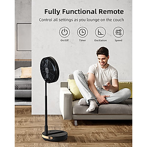 Koonie Portable Fan, 10 Inch Foldable Stand/Desk Fan up to 50 Hours 4 Speed Remote Control Battery or USB Powered Cordless Height Adjustable Super Quiet Fan for Home, Camping, Fishing, Travel, Black