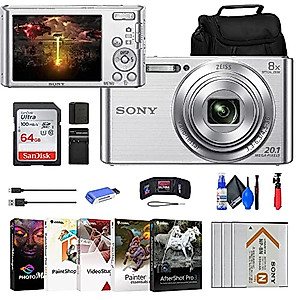 Sony DSC-W830 Digital Camera (Silver) (DSC-W830) + 2 x NP-BN1 Battery + Case + Charger + 64GB Card + Card Reader + Corel Photo Software + Flex Tripod + Micro USB Cable + Memory Wallet + Cleaning Kit