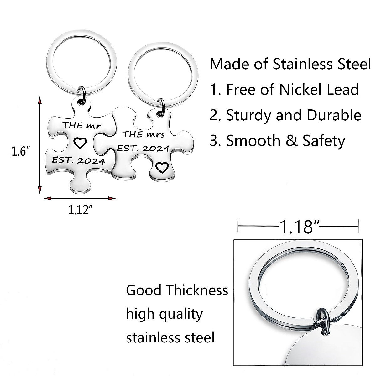 FUSTMW Couple Wedding Gifts Mr Mrs Est 2024 Keychain Set Newlyweds Gifts Wife Husband Engagement Gifts (Silver)