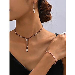 Unicra Bride Silver Bridal Necklace Earrings Set Crystal Wedding Jewelry Set Rhinestone Choker Necklace for Women and Girls (3 piece set - 2 earrings and 1 necklace)(NK070-2) (D 3 Pack Rose Gold Necklace Bracelet Earrings)