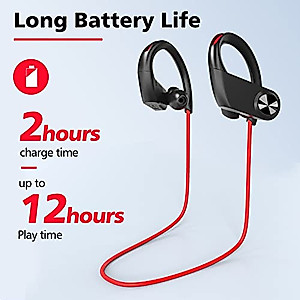 Bluetooth Earbuds Running Headphones, Wireless Workout Headphones Earbuds IPX7 Waterproof with Earhooks, Sport Stereo Sweatproof in-Ear Earphones, 16 Hour Playtime - BlackRed