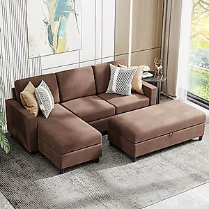 JAMFLY 79'' Sectional Sofa Couch with Storage Ottoman, Living Room Furniture Set Small Deep Convertible Sofa, L-Shaped Couch Wide Reversible Chaise with Linen Fabric (Brown)