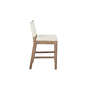 Linus Modern Upholstered Counter Height Bar Stool with Back and Solid Rubberwood Legs in a Wire-Brushed Grey Finish, Natural Flax/Brown