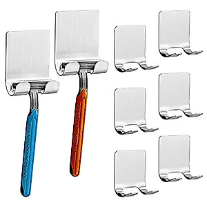BYFU 8 Pack Adhesive Razor Hooks Shaver Hook Hanger, Heavy Duty Stainless Steel Wall Holders for Bathroom Kitchen Closet Organizer