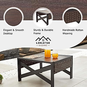 LOKATSE HOME Outdoor Metal Coffee Table Patio Square Side End Wicker Rattan Furniture with X Shaped Steel Legs, Brown&Black