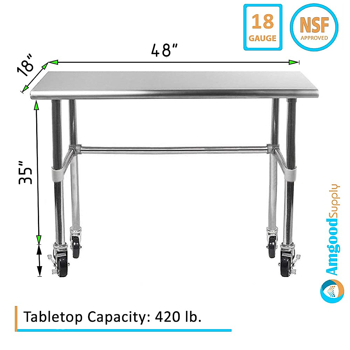 AmGood 18" X 48" Stainless Steel Work Table - with Open Base & Wheels | Food Prep | Utility Work Station | NSF Certified