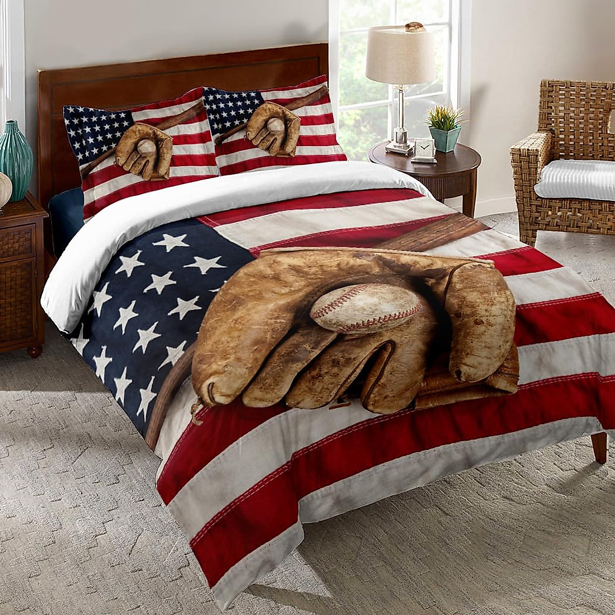 SHINICHISTAR American Flag Baseball Comforter Set Twin Size for Teen Boys Gift Sport Bedding