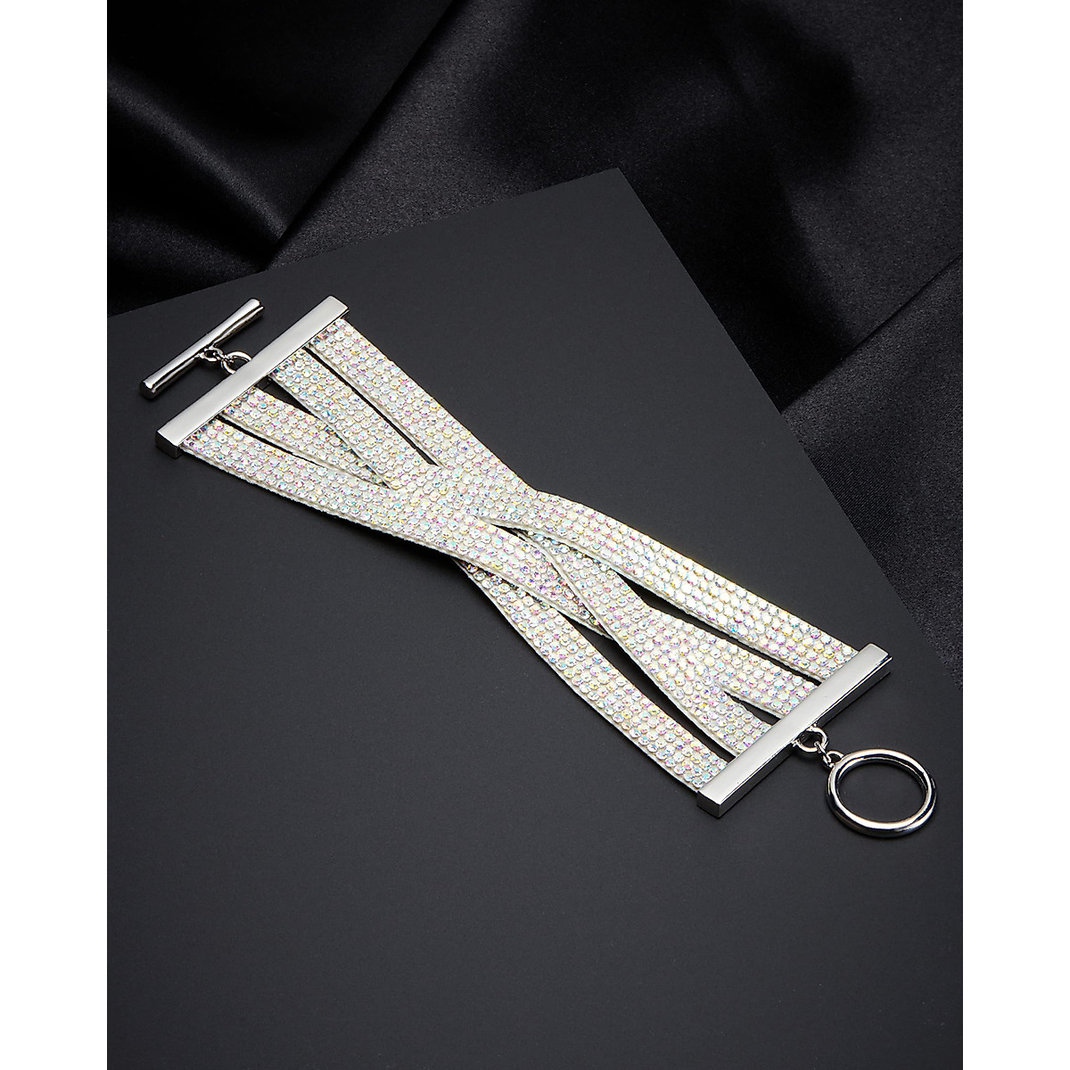 Badgley Mischka Women's Bracelet - Layered Multi Strand Crystal Crossover Toggle Open Cuff Bangle Bracelet, Rainbow Rhinestone