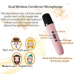 KaraMuizi Wooden Bluetooth Karaoke Machine with 2 Wireless Microphones, Wireless Speaker with LED Music Speaker MP3 Player for Kids and Adult for for Party Birthday Gift (Wireless Microphones,Cloud)
