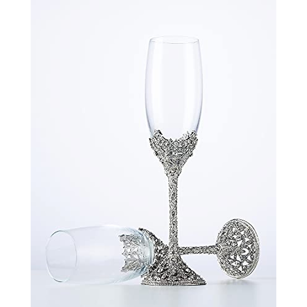 Jozen Gift Champagne Flutes - Crystal Glass Metal Base With Crystal Stones, Set of 2 Toasting Flute Pair, Wedding Anniversary Party Birthday Banquets and Gifts for Bride and Groom7oz