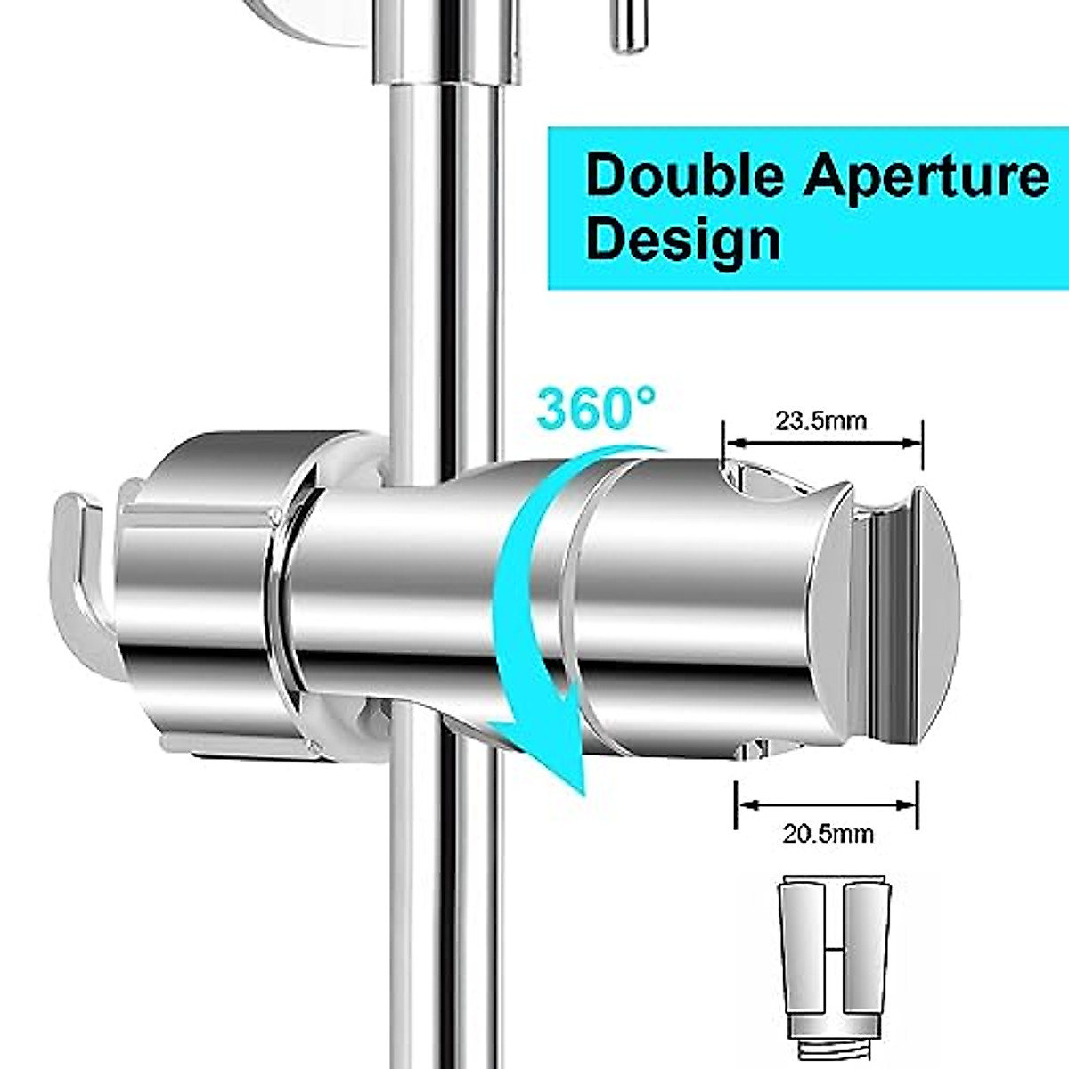 OSDUE Shower Head Holder, 16-27mm Slider Bar Adjustable Shower Head Holder for Slide Bar Slider Clamp Bathroom Replacement, 360 Degree Rotating Sprayer Holder with 2 Hooks, Chrome Finish - Silver