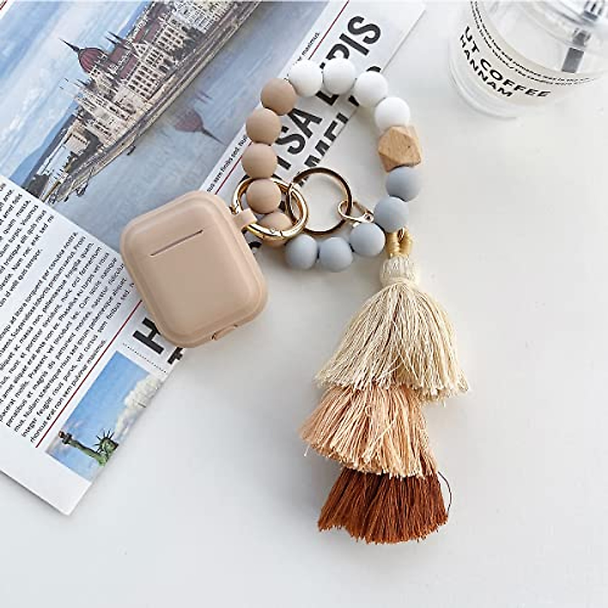 Gtinna Fashion Cute Stripe for Apple AirPods 1&2 Case,Silicone Case for AirPods Wireless Charging Case with Silicone Beaded Bracelet Colorful Tassel Charm Keychain Accessories (Khaki)