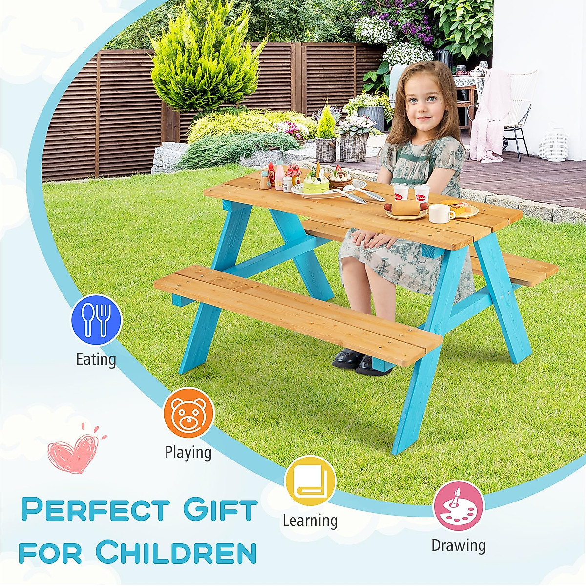 Costzon Kids Picnic Table, Fir Wood Children’s Activity Table with Benches, Toddler Patio Furniture Set, Kids Table and Chair Set for Outdoors, Backyard, Garden, Lawn, Gift for Boys Girls 3+