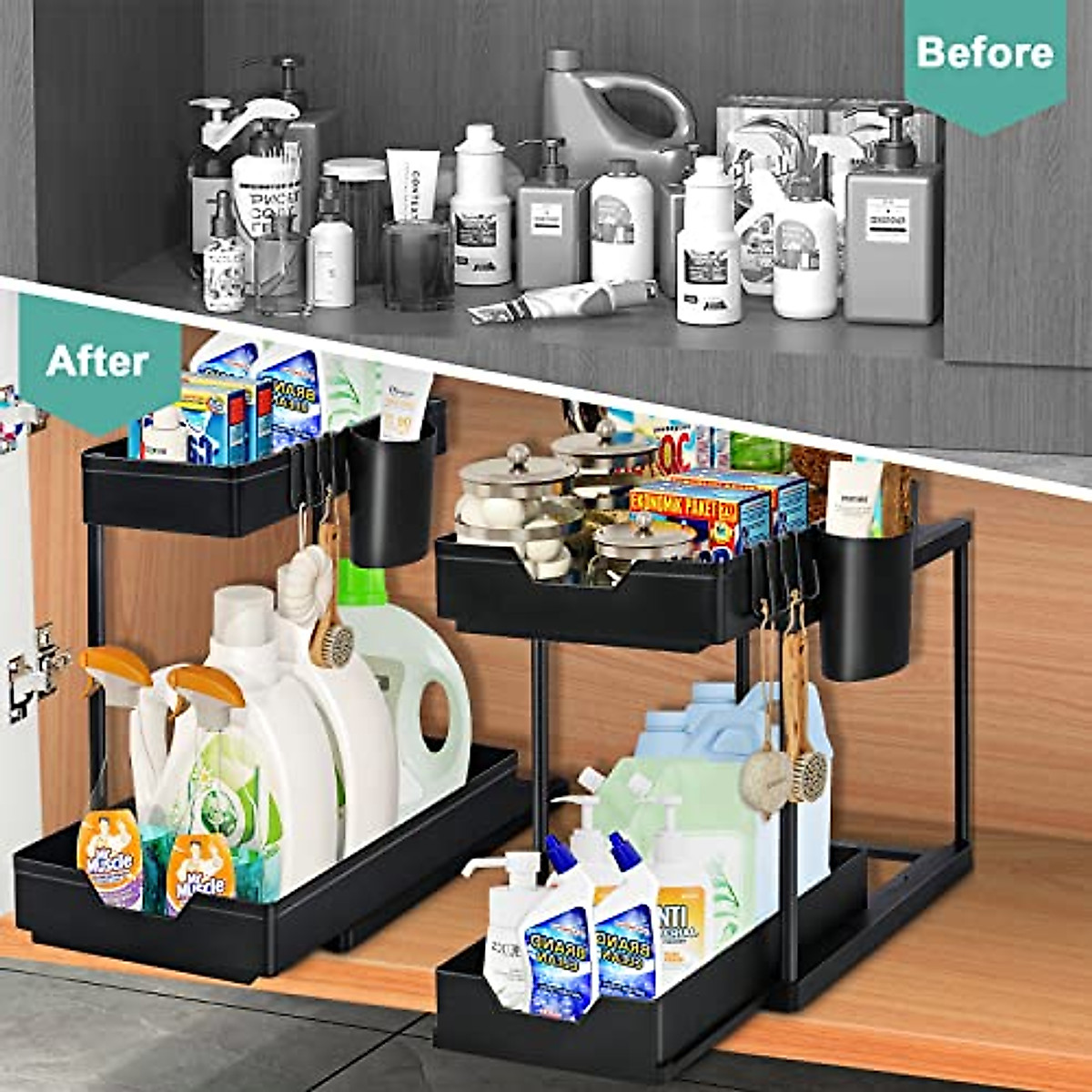 Under Sink Organizers and Storage 2 Pack, Sliding Under Kitchen Sink Storage 2 Tier Bathroom Cabinet Organizer with 8 Hooks & 2 Hanging Cups Multi-Use Under Sink Shelf for Kitchen Bathroom, Black