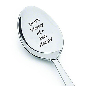 Weefair Motivational Gifts For Men Women | Dont Worry Bee Happy - Engraved Spoon Gift Coffee Tea Dessert Lovers Friends Birthday Christmas Stocking Stuffer -7 Inches Teaspoon, Silver
