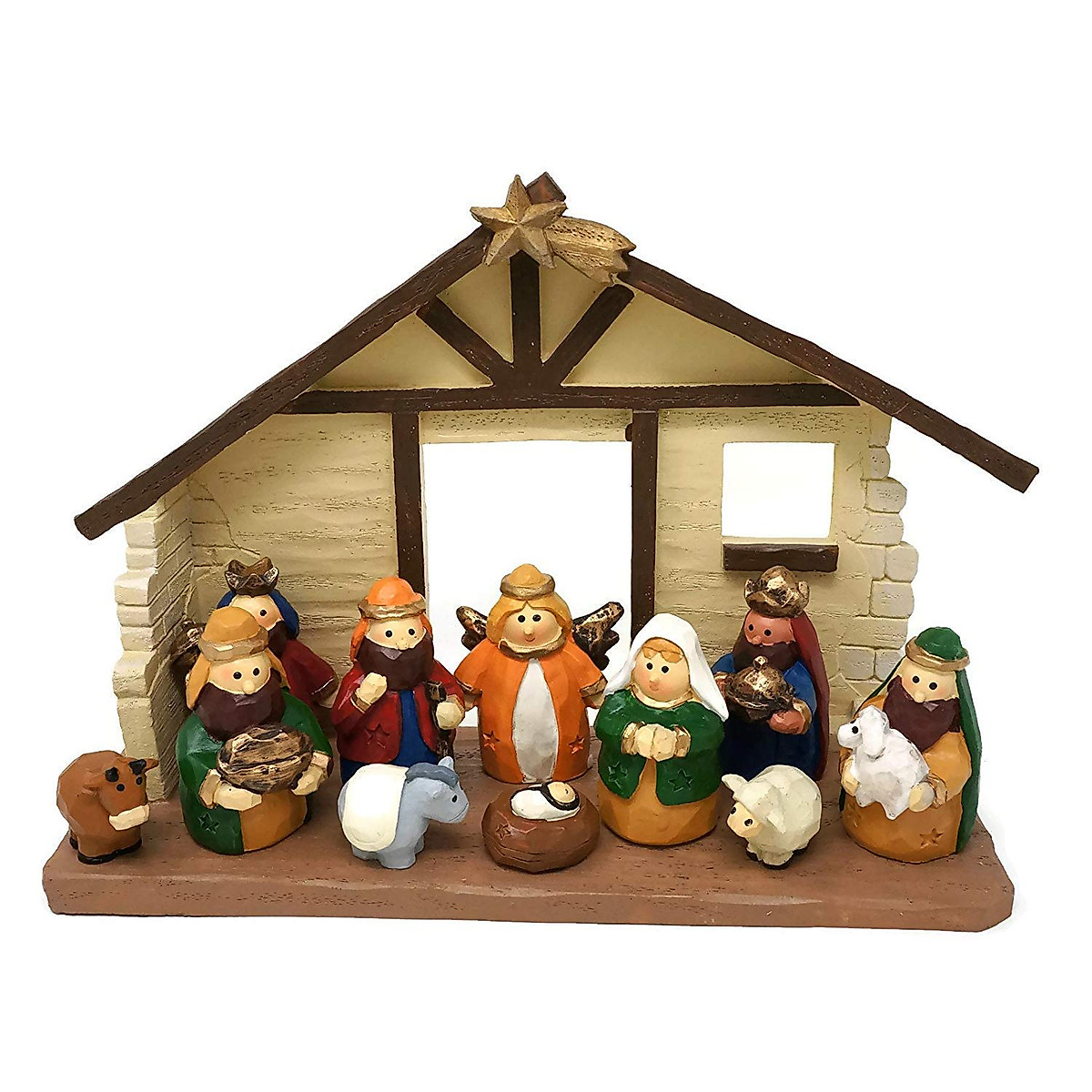 12-Pc Rustic Colorful Christmas Nativity Scene Set w/ Creche