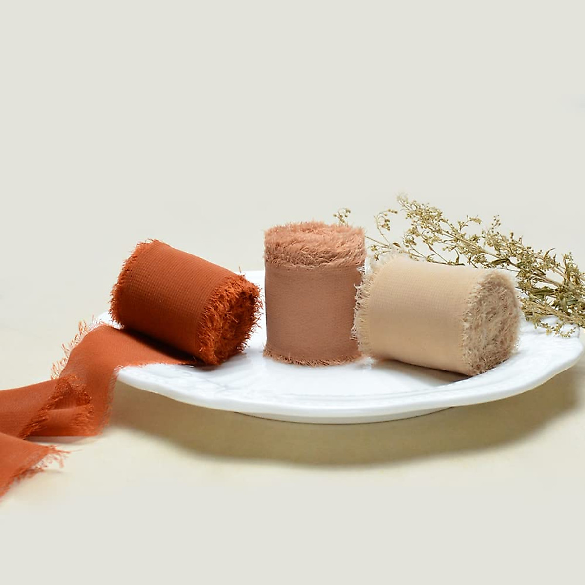 Socomi Handmade Fringe Chiffon Silk Ribbon 1-3/4" x 7Yd 3 Rolls Frayed Ribbon Set for Wedding Invitations Bridal Bouquets Terracotta