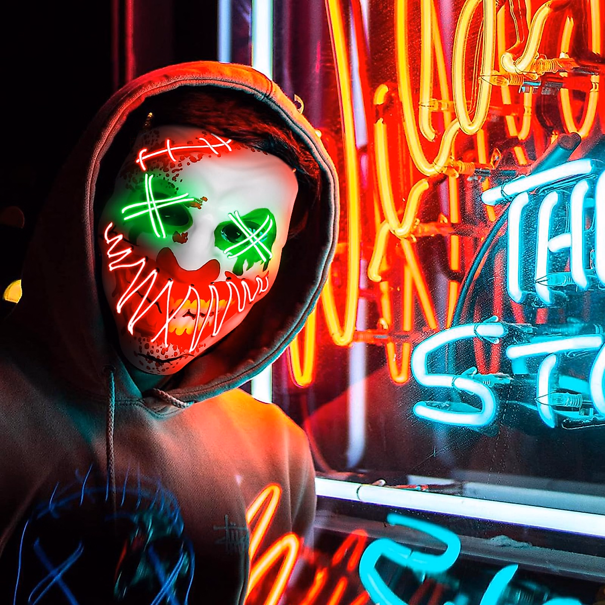 JOINBO Halloween LED Clown Mask for Aldult & Kids，EL Wire Scary Purge Mask for Cosplay Costume,Light up for Halloween Festival Party